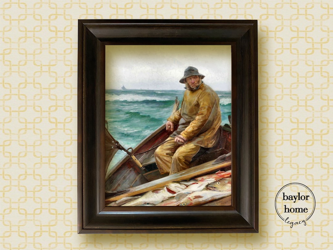 Framed Vintage Fisherman Painting, Fisherman Oil Painting Print on ...