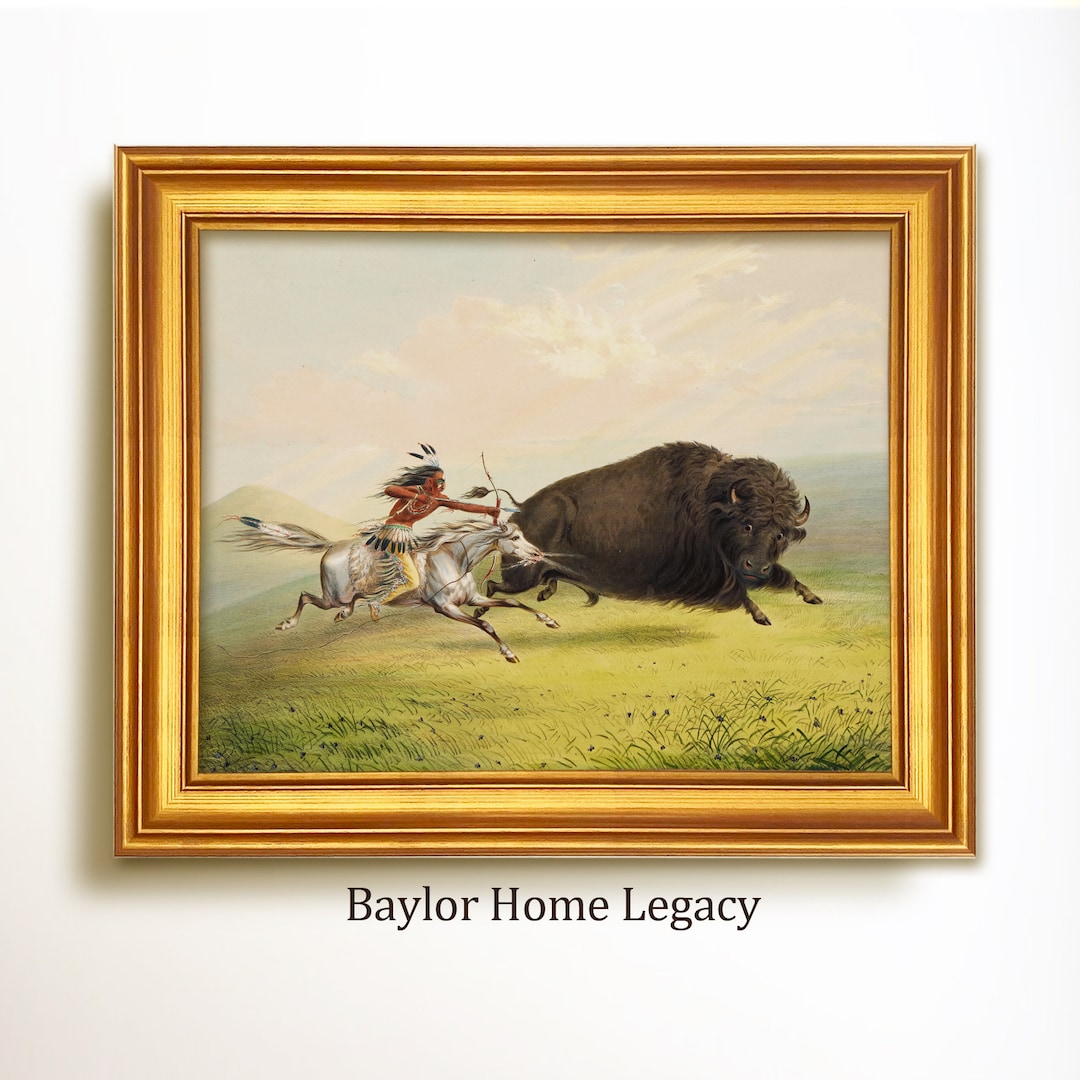 Framed Native American Hunting Buffalo Painting Print on Canvas, Indian ...