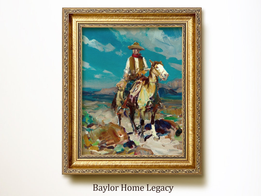 Framed Cowboy Oil Painting Print on Canvas, Vintage Western Cowboy Art ...