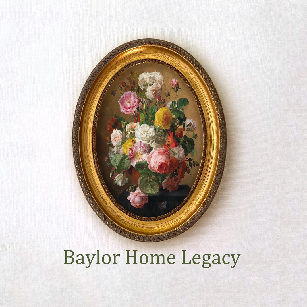 Framed Roses Canvas Art Print of Antique Oil Painting, Oval Framed ...