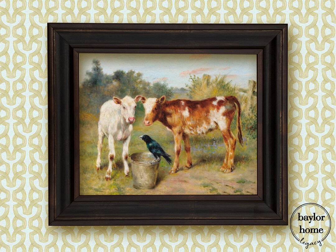 Framed Calves With Crow on Feed Bucket, Cow Oil Painting Canvas Print ...