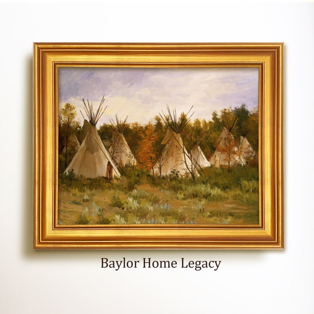 Framed Teepee Oil Painting Print on Canvas, Vintage Native American ...