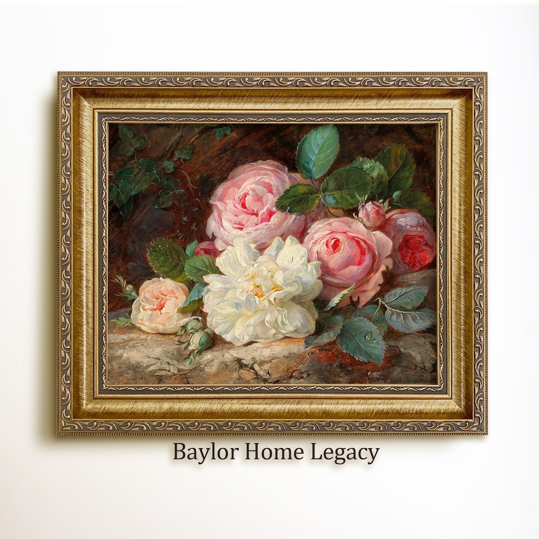 Framed Still Life of Roses Oil Painting Canvas Print; Framed Vintage ...