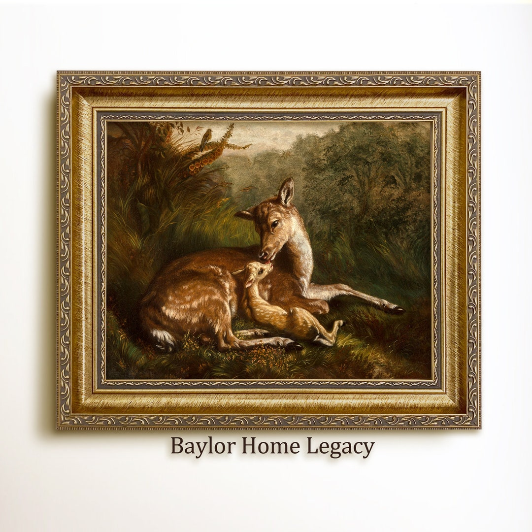 Framed Doe and Fawn Oil Painting Print on Canvas, Framed Vintage Deer ... Framed Doe and Fawn Oil Painting Print on Canvas, Framed Vintage Deer ...