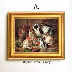 Framed Rabbits Oil Painting Canvas Print; Vintage Rabbit and Bunnies ...