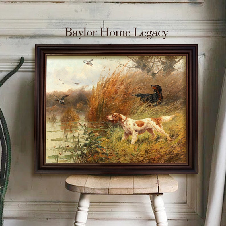 Framed Pair of Pointers Hunting Ducks Stream Side, Oil Painting Print ...