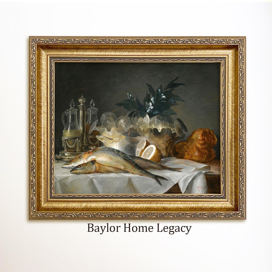 Framed Still Life of Fish Oil Painting Canvas Print; Vintage Classic ...