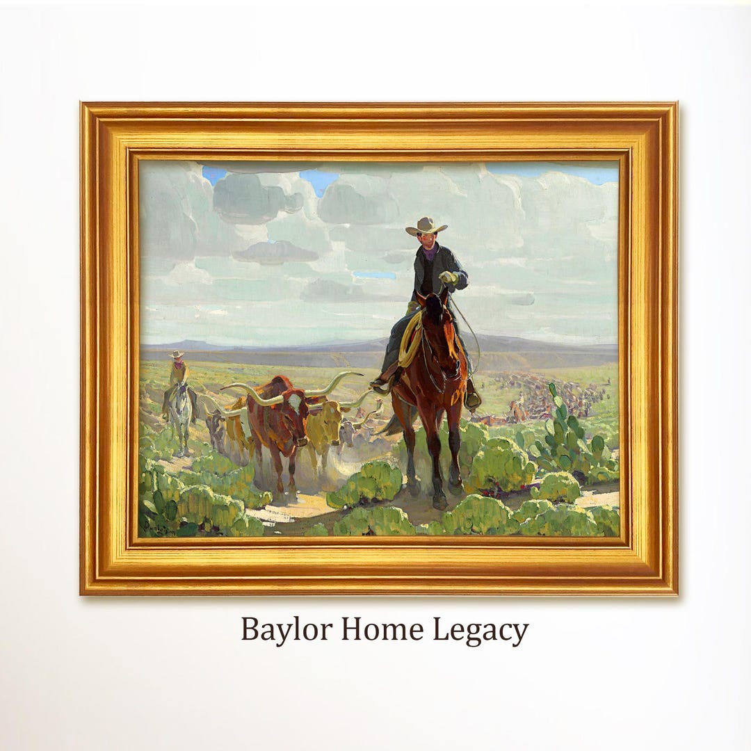 Framed Cowboy Oil Painting Print on Canvas, Vintage Texas Landscape ...