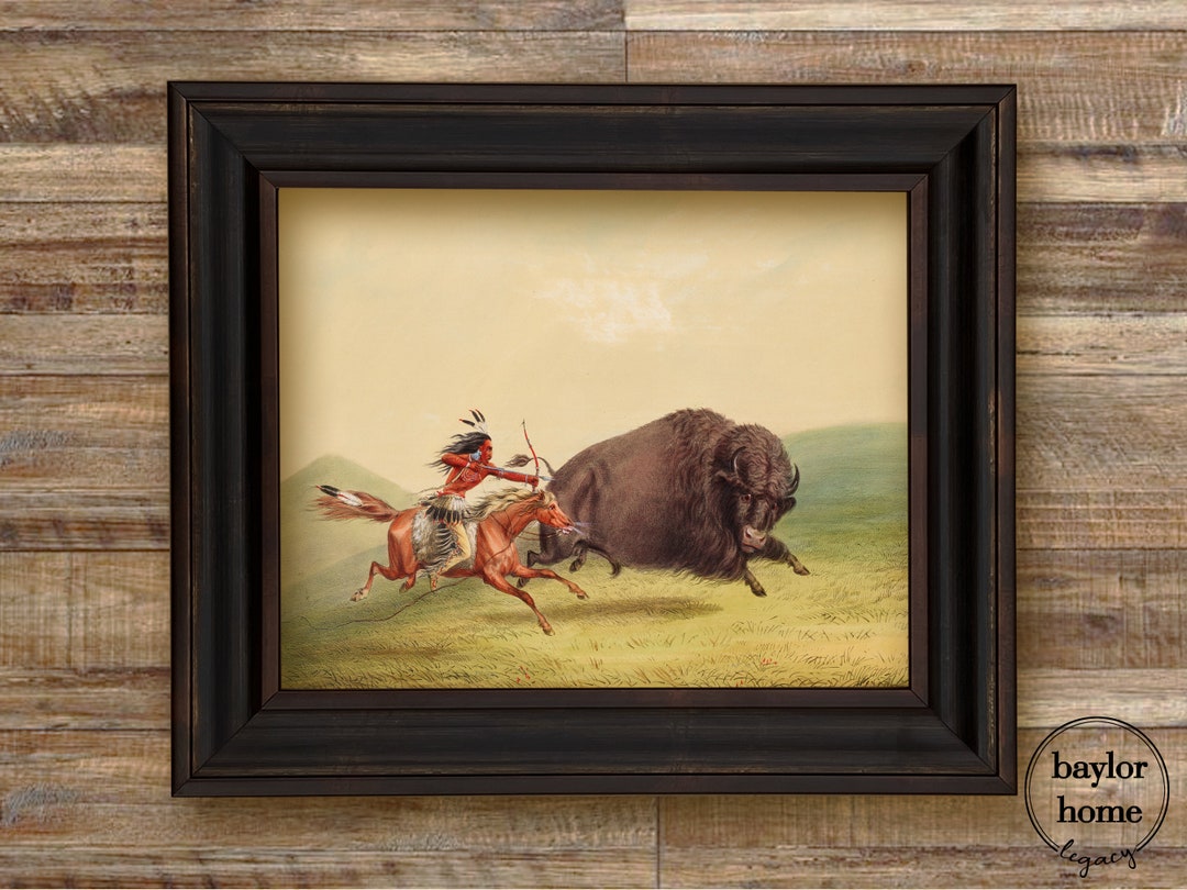 Framed Native American Hunting Buffalo, Painting Print on Canvas ...