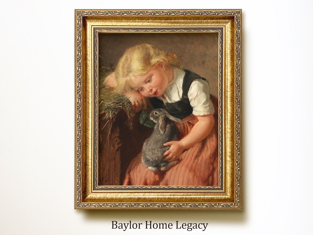 Framed Girl Holding Bunny Oil Painting Canvas Print; Child and Rabbit ...