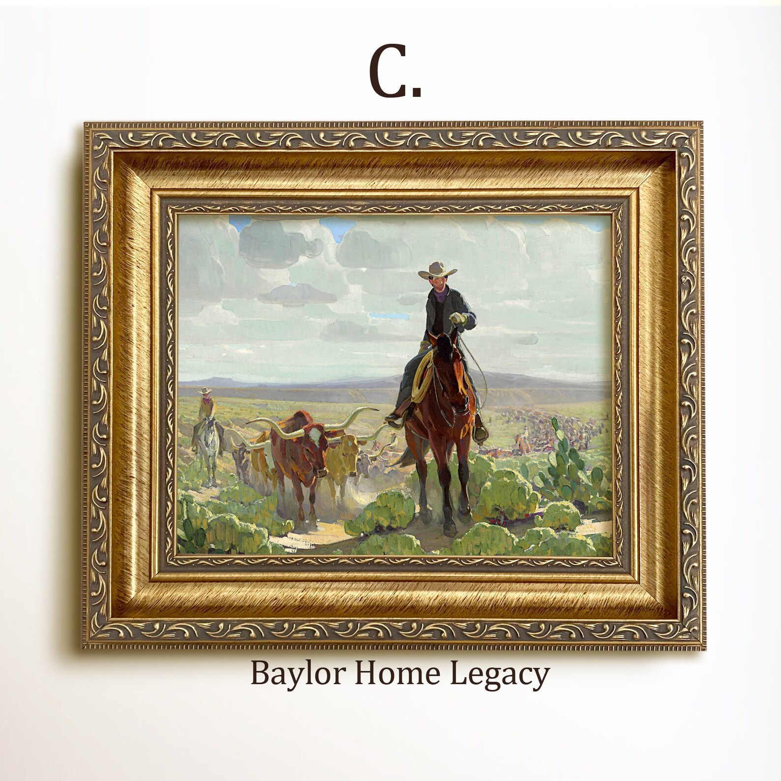 Framed Cowboy Oil Painting Print on Canvas, Vintage Texas Landscape ...