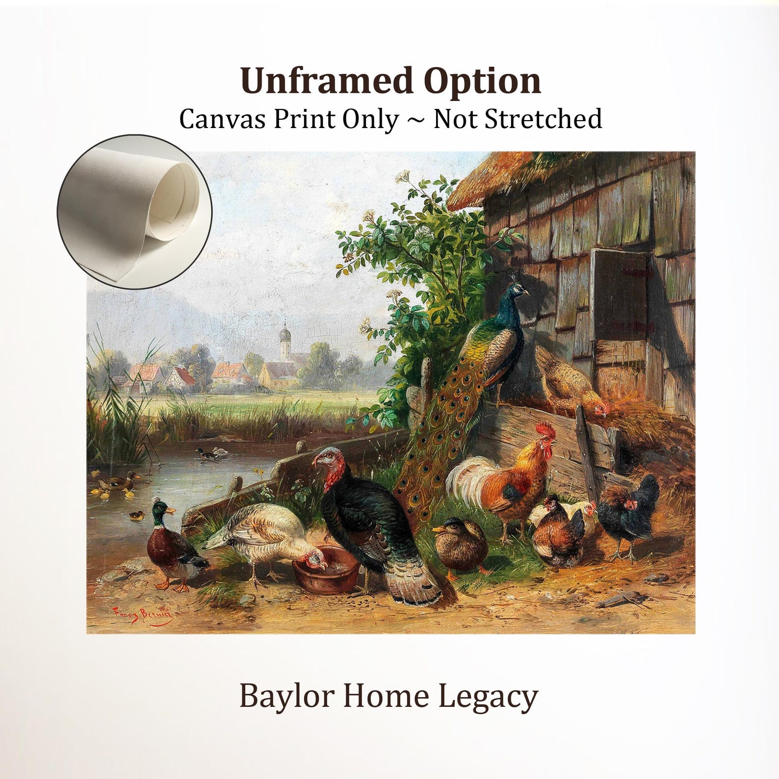 Framed Poultry Oil Painting Canvas Print; Chickens; Ducks; Peacock ...