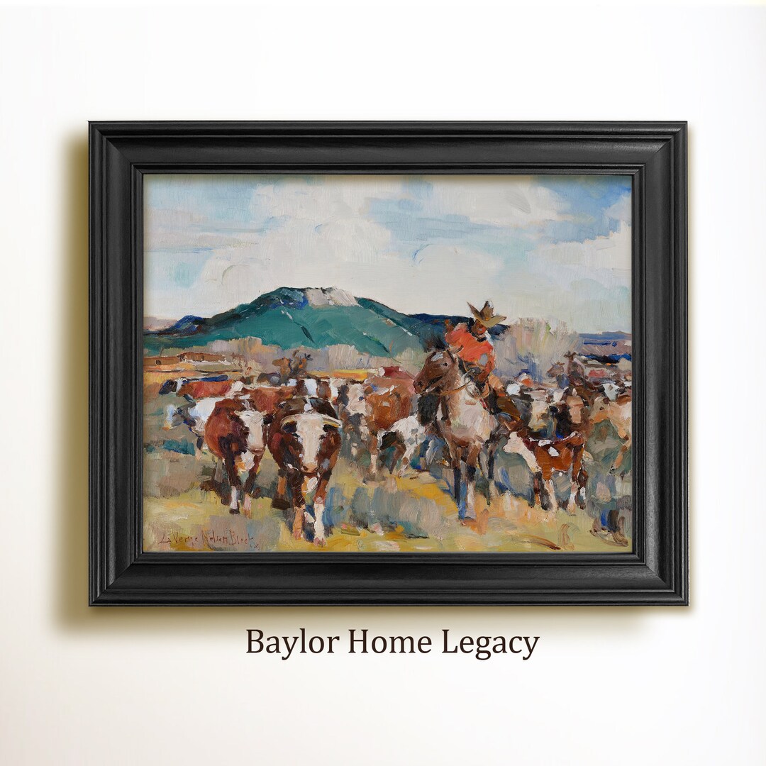 Framed Cowboy on a Cattle Drive Oil Painting Print on Canvas, Vintage ...
