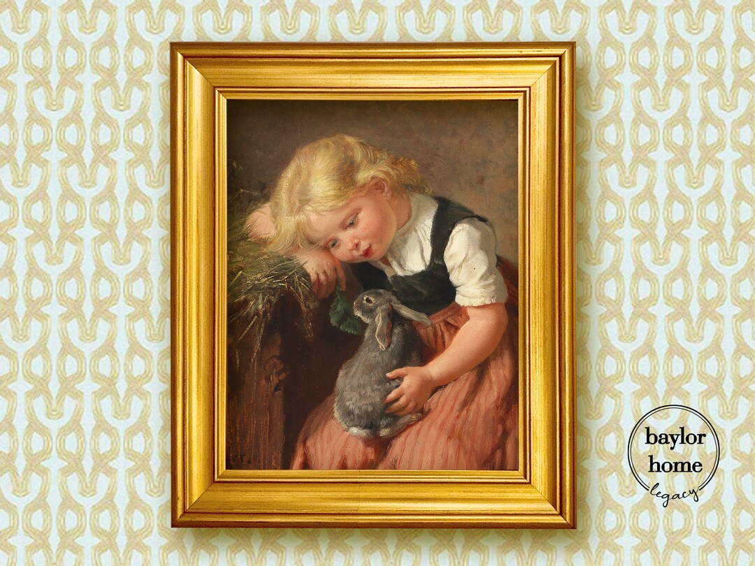 Framed Girl Holding Bunny, Oil Painting Print on Canvas, Vintage Child ...