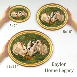 Framed Oval Rabbits Canvas Art Print of Antique Oil Painting; Bunny ...