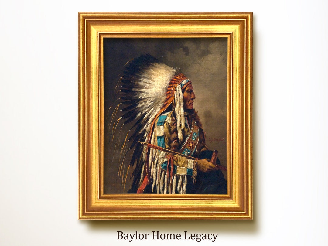 Framed Native American Oil Painting Print on Canvas, Indian Chief ...