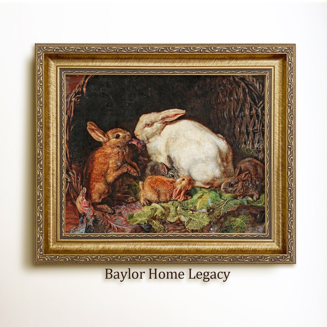 Framed Rabbit Oil Painting Print on Canvas; Antique Rabbit Giclee Art ...