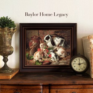 Framed Rabbits Oil Painting Canvas Print; Vintage Rabbit and Bunnies ...