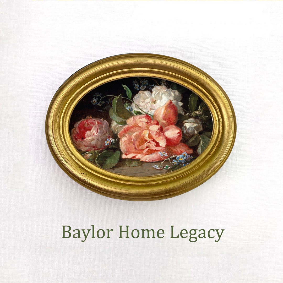 Framed Oval Roses Canvas Art Print of Antique Oil Painting; Rose ...