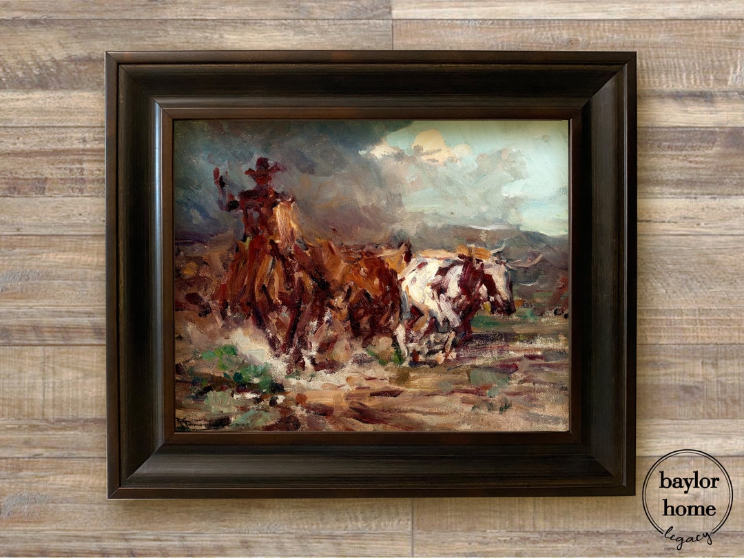 Framed Cowboy on a Cattle Drive, Oil Painting Print on Canvas in ...