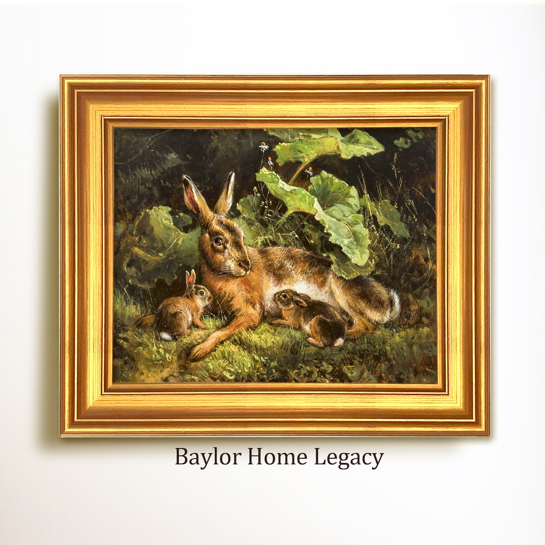 Framed Rabbit and Bunnies Oil Painting Canvas Print, Framed Rabbits ...