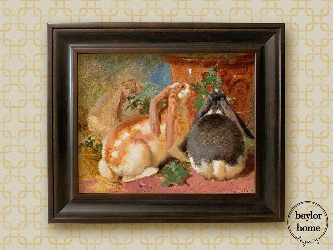Framed Lop Ear Rabbits, Bunny Oil Painting Print on Canvas, Vintage ...