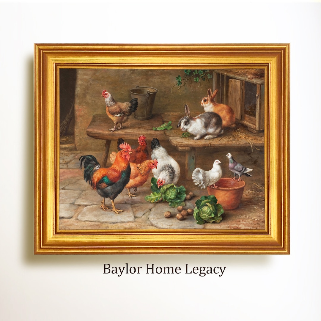 Framed Chickens Rabbits and Pigeons Canvas Art Print of Antique Oil ...
