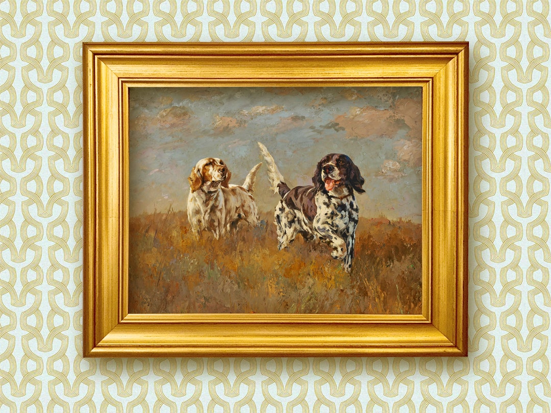 Framed Pair of English Springer Spaniel Hunting Dogs in a Field, Oil ...