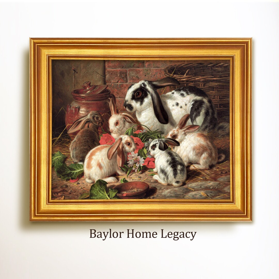 Framed Rabbits Oil Painting Canvas Print; Vintage Rabbit and Bunnies ...