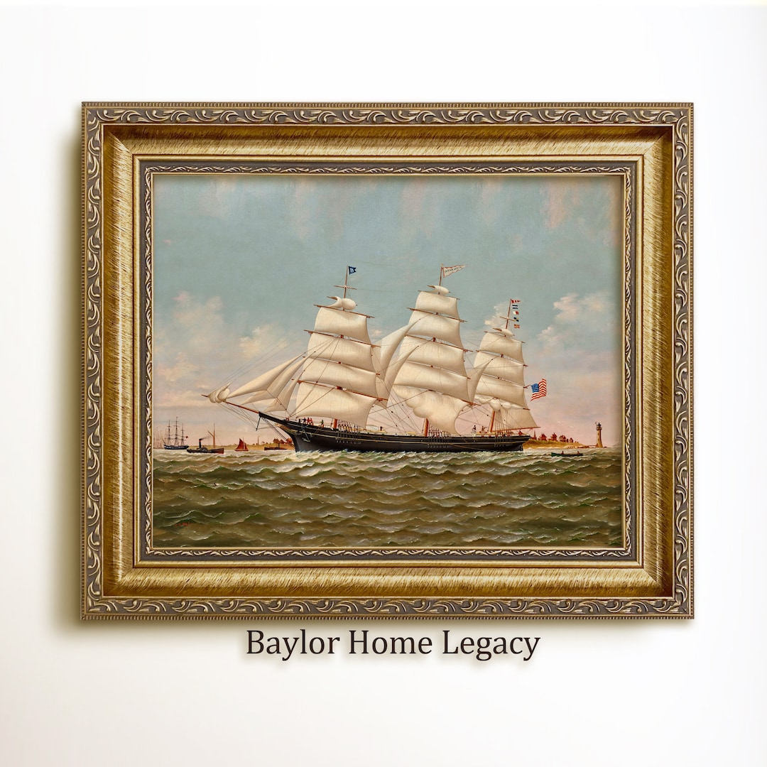 Framed Clipper Ship Oil Painting Print on Canvas, Vintage Nautical ...