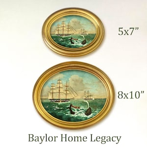 Framed Oval Whaling Canvas Art Print of Antique Oil Painting, Whale ...