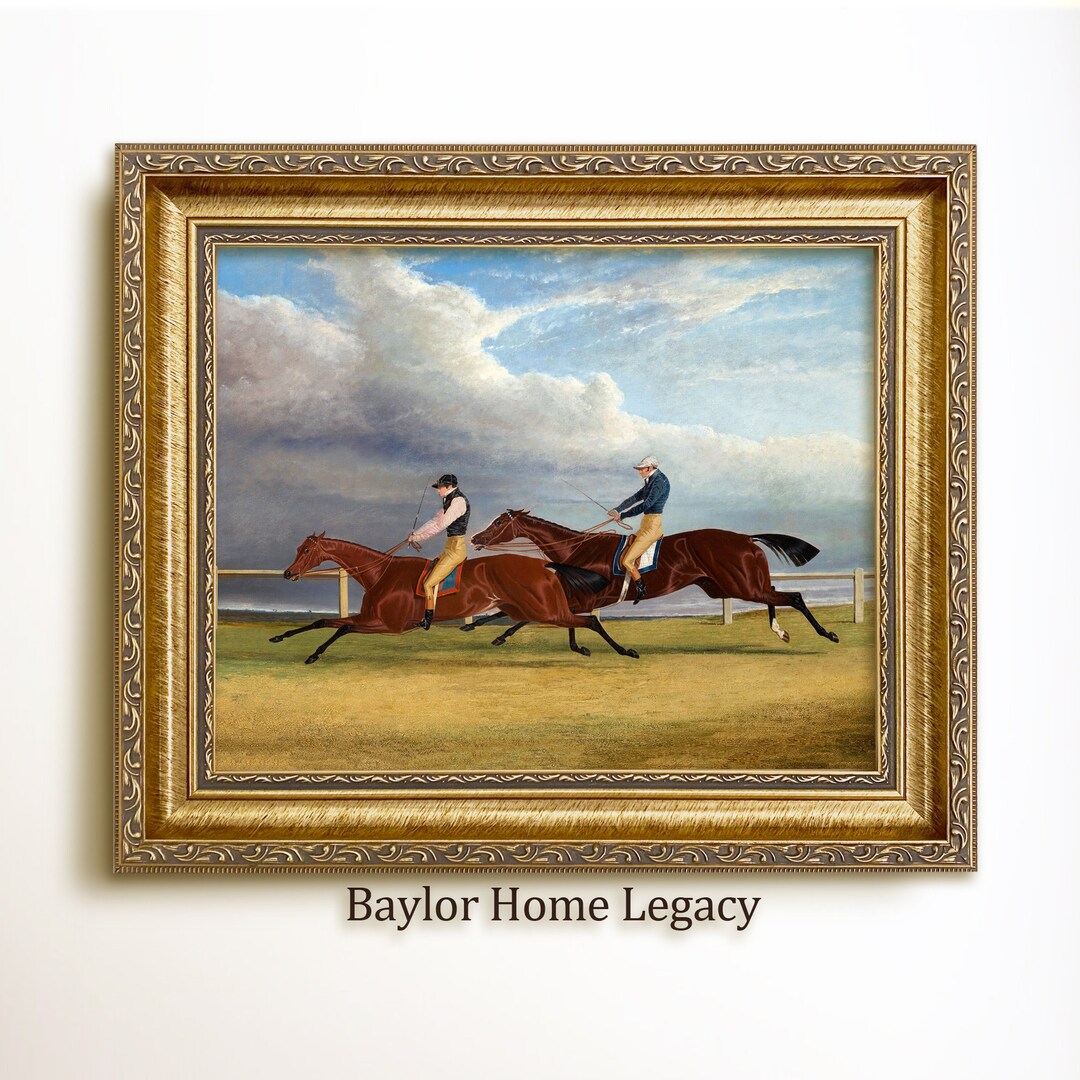 Framed Horse Race Oil Painting Print on Canvas, Vintage Thoroughbred ...
