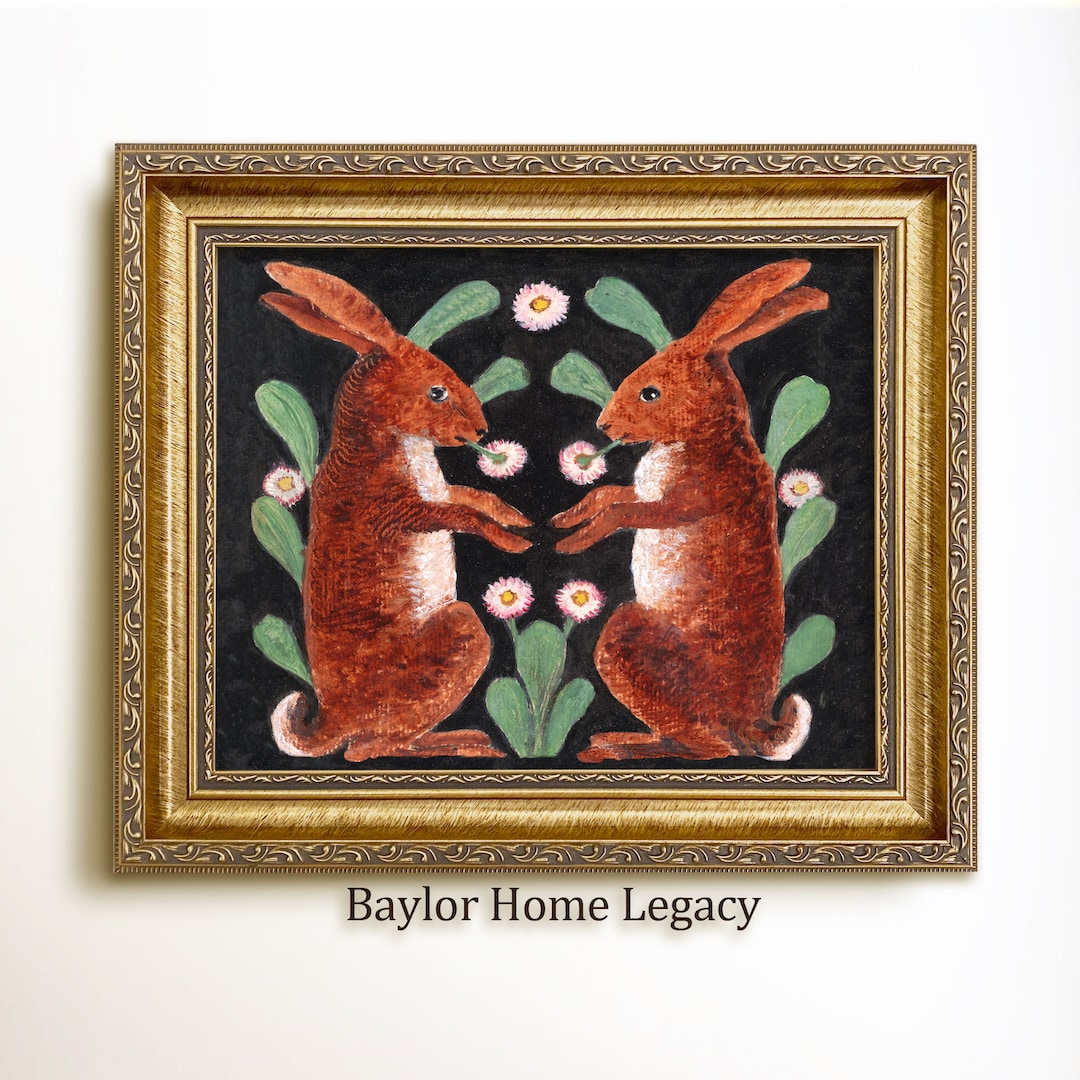 Framed Rabbit Painting Print on Canvas; Framed Vintage Rabbit Wall Art ...