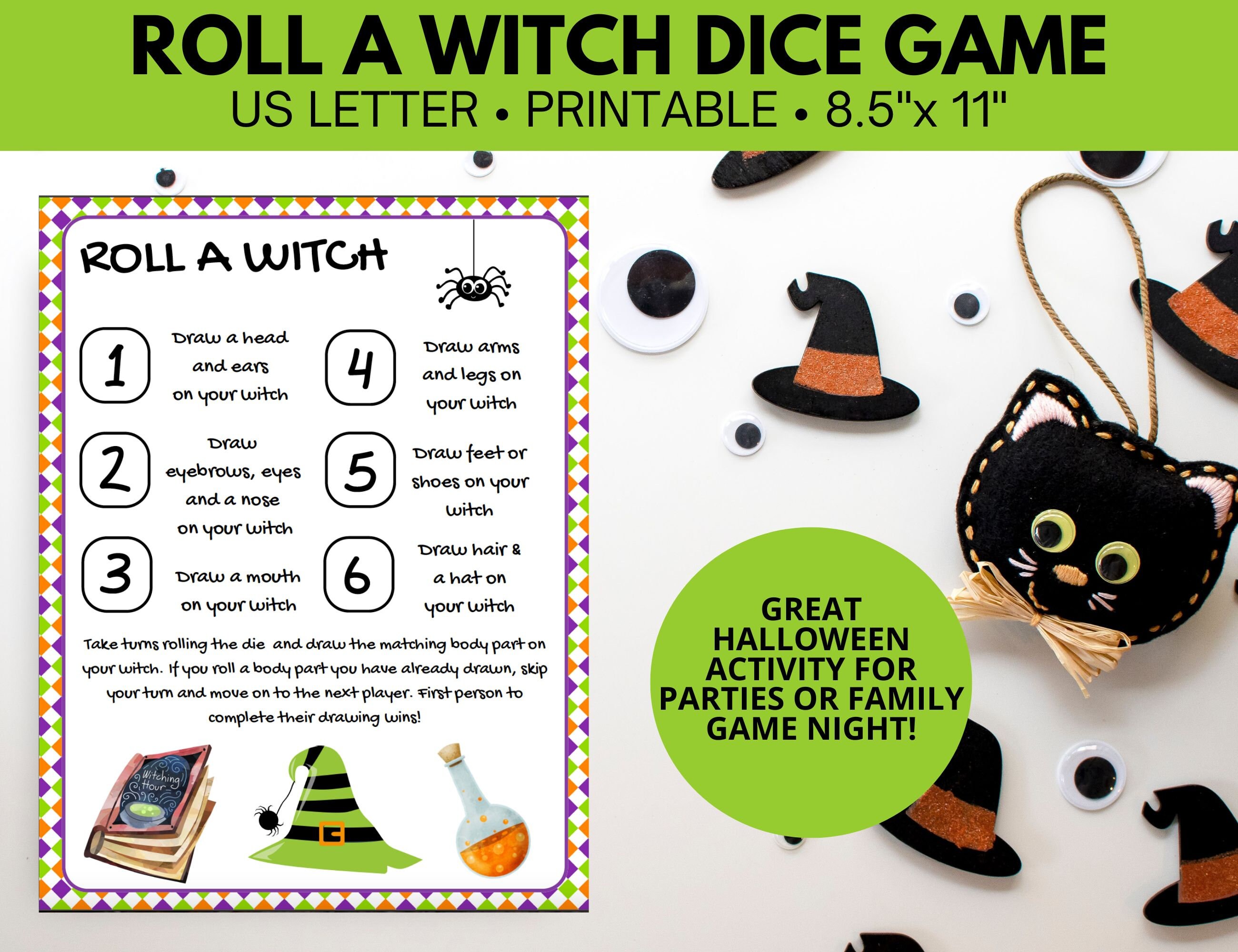 Roll a Witch Dice Game Kids Halloween Game Printable Halloween Activity ...