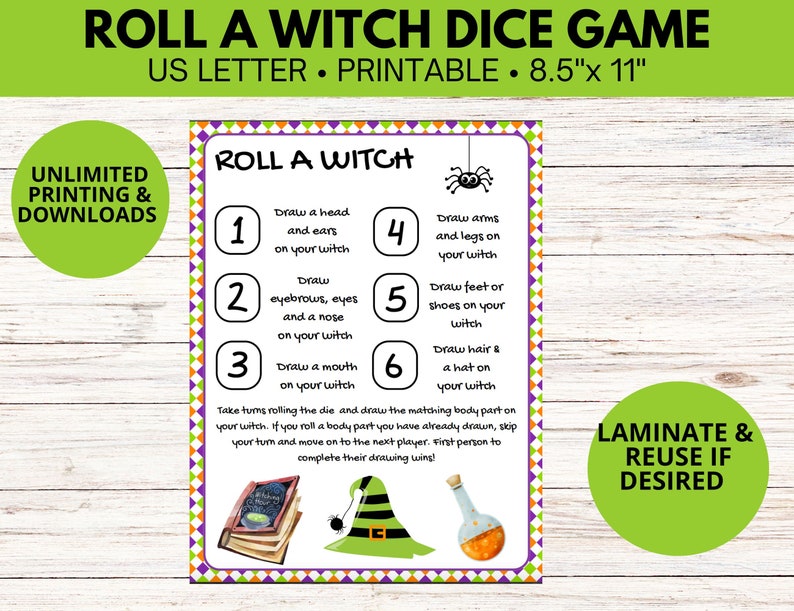 Roll a Witch Dice Game Kids Halloween Game Printable Halloween Activity ...