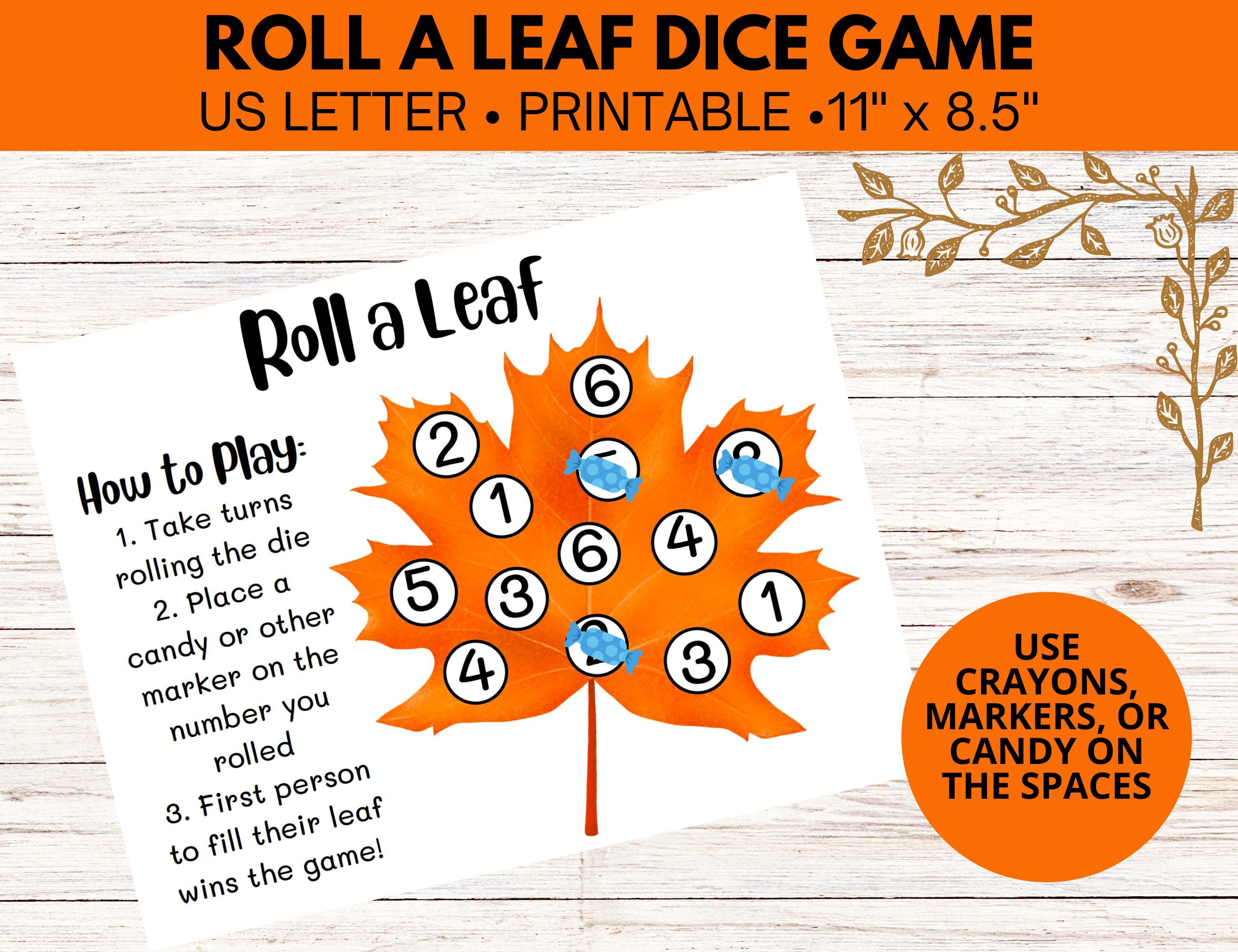 Roll a Leaf Dice Game Roll the Dice Fall Game Thanksgiving Printable Game Thanksgiving Kids ...