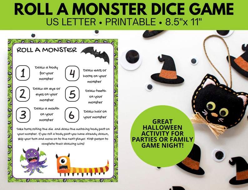 Roll a Monster Dice Game Kids Halloween Game Printable Halloween ...