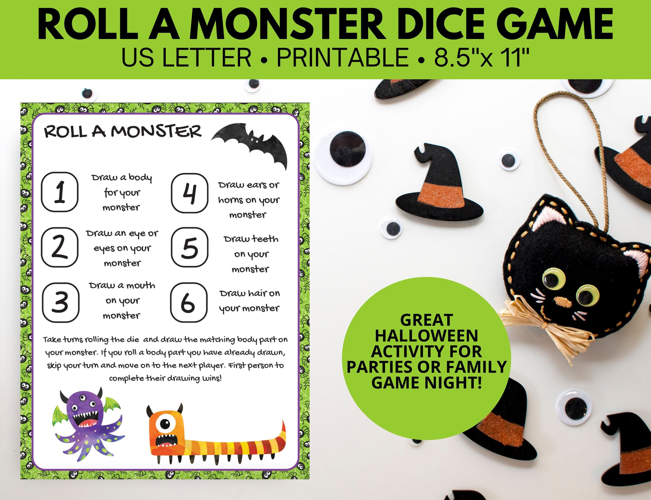 Roll a Monster Dice Game Kids Halloween Game Printable Halloween ...