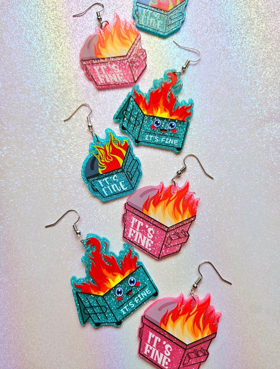 It's Fine Dumpster Fire EARRINGS, Kawaii, Sparkle, Glitter, Funny ...