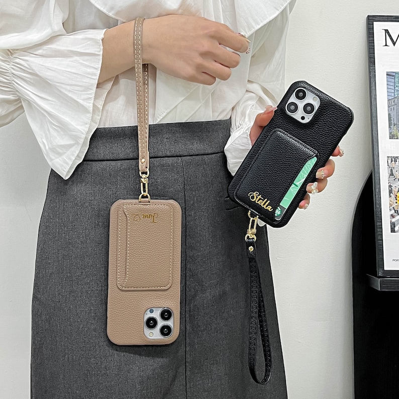 Buy Leather iPhone Case With Card Slot, Personalized Wrist Strap Online ...