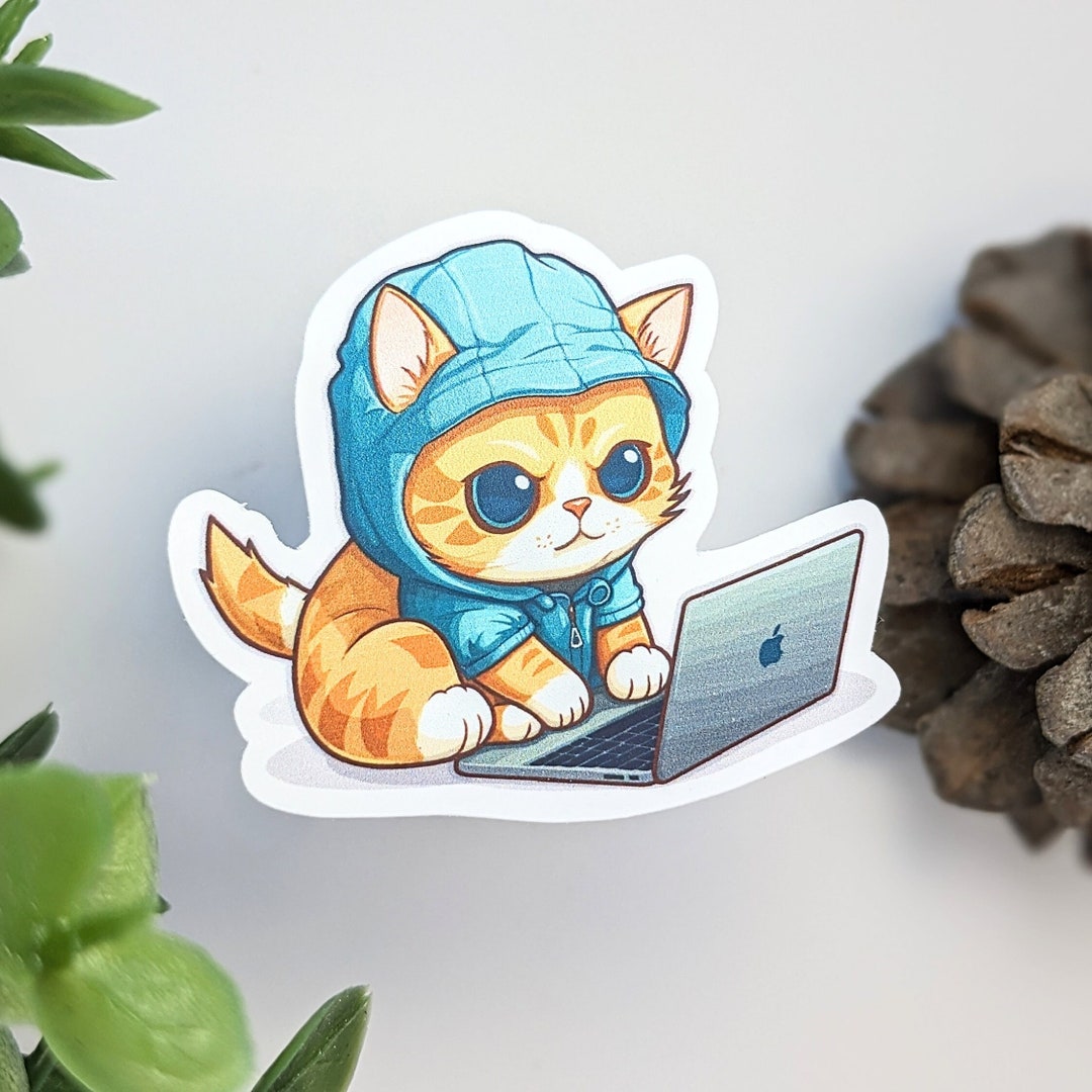 Laptop Cat Sticker - Waterproof Vinyl, Orange Cat in Hoodie Design - Etsy