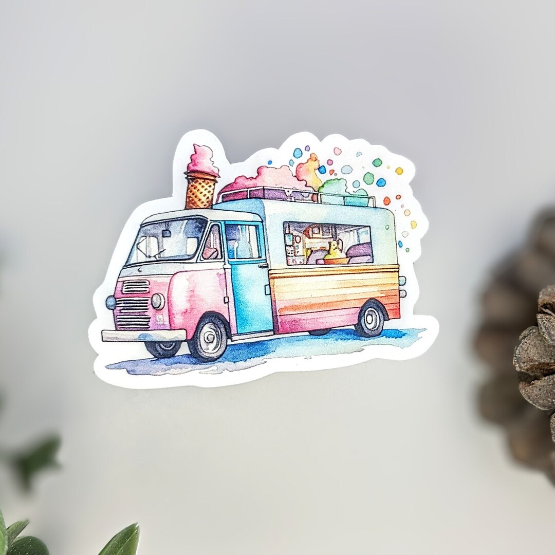 Watercolor Ice Cream Truck Sticker - Waterproof Vinyl Decal for Laptops ...