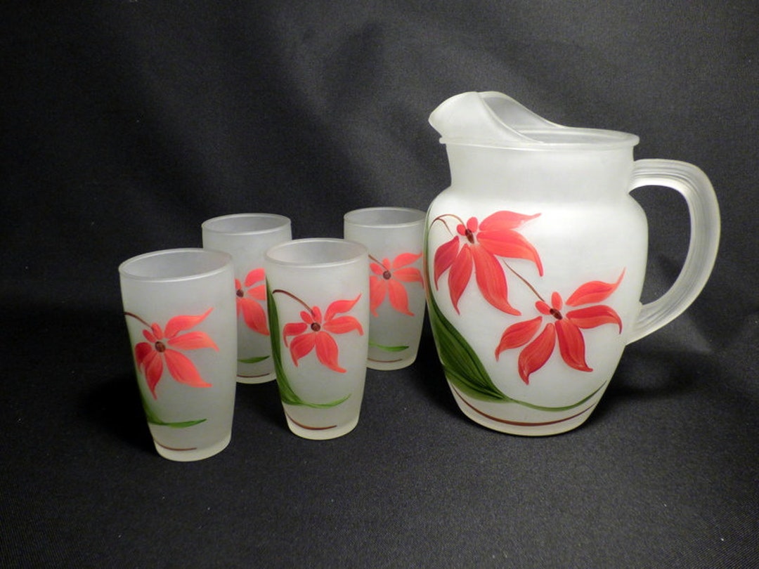 Vintage Frosted Pitcher and Four Matching 12 Oz Glasses - Etsy