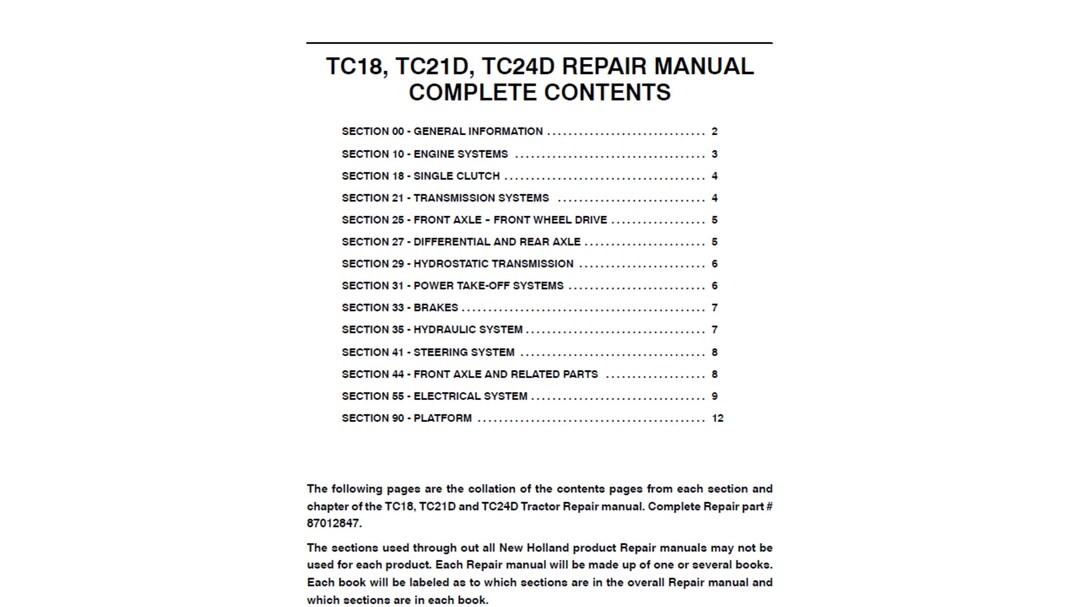 New Holland TC18 TC21D and TC24D Tractor Publication Number 87012847 ...