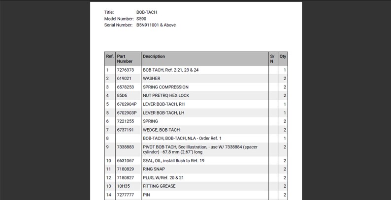 Bobcat S590 Skid-steer Loader Serial Number: B5N911001 & Above Spare Parts Manual Parts Catalog ...