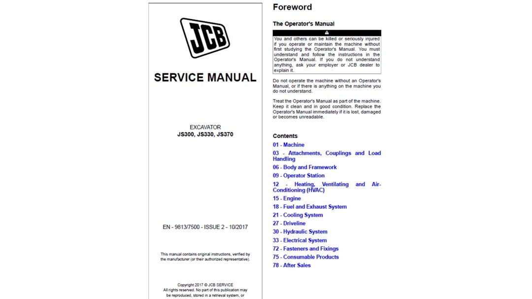 JCB JS300, JS330 and JS370 T4 MTU Engine Excavator Publication Number ...