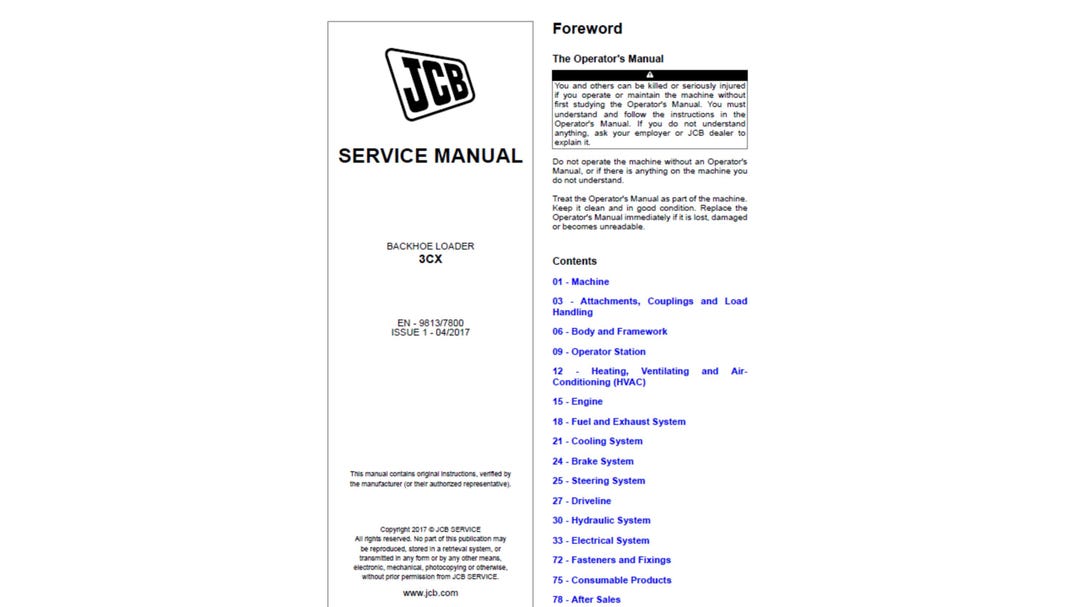 JCB 3CX Tier 4F Backhoe Loader Publication 9813/7800 Workshop Service ...