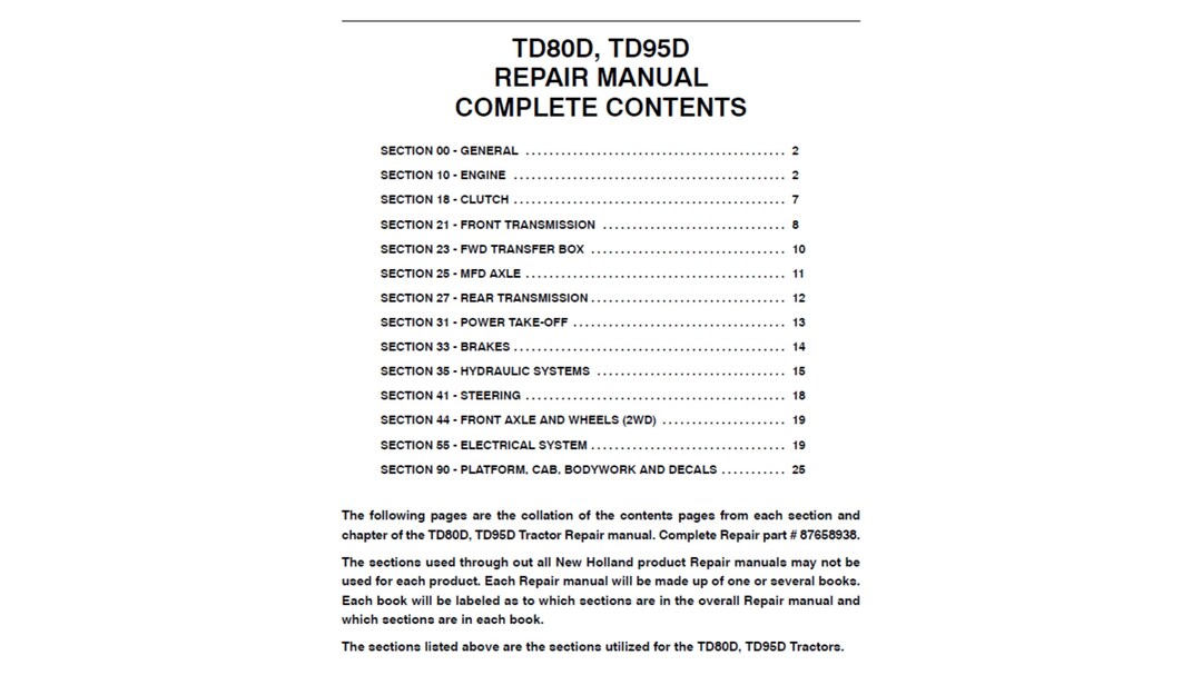 New Holland TD80D and TD95D Tractor Publication Number 87658938 ...