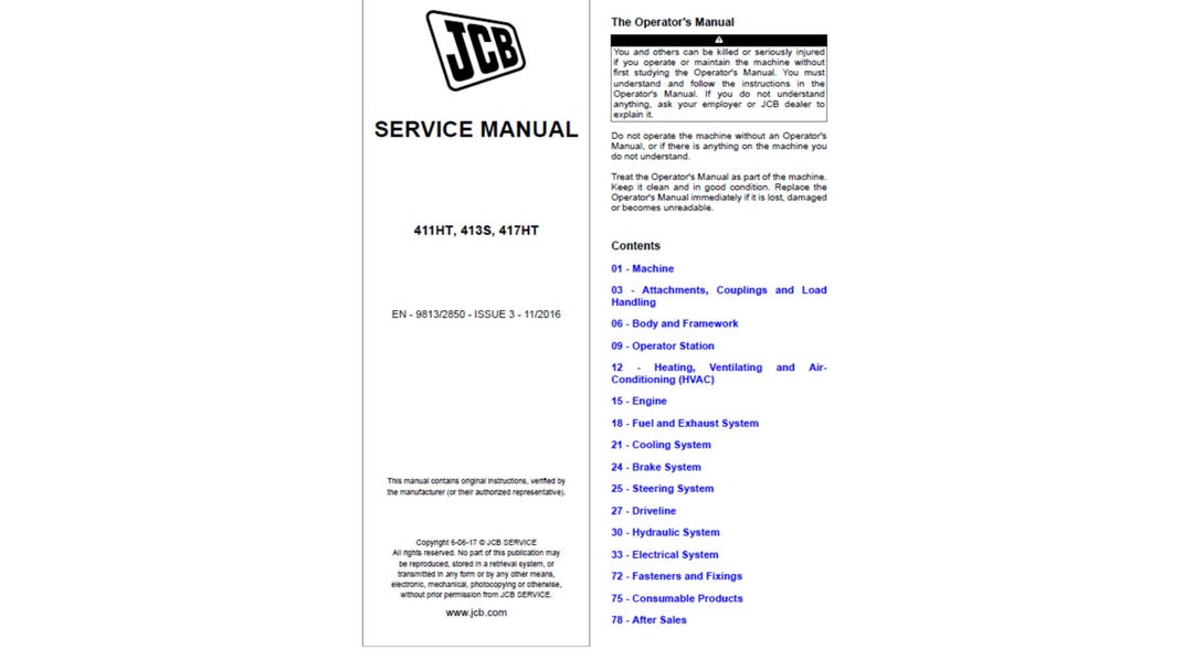 JCB 411HT 413S and 417HT Wheeled Loader Shovel Publication 9813/2850 Workshop Service Manual PDF ...