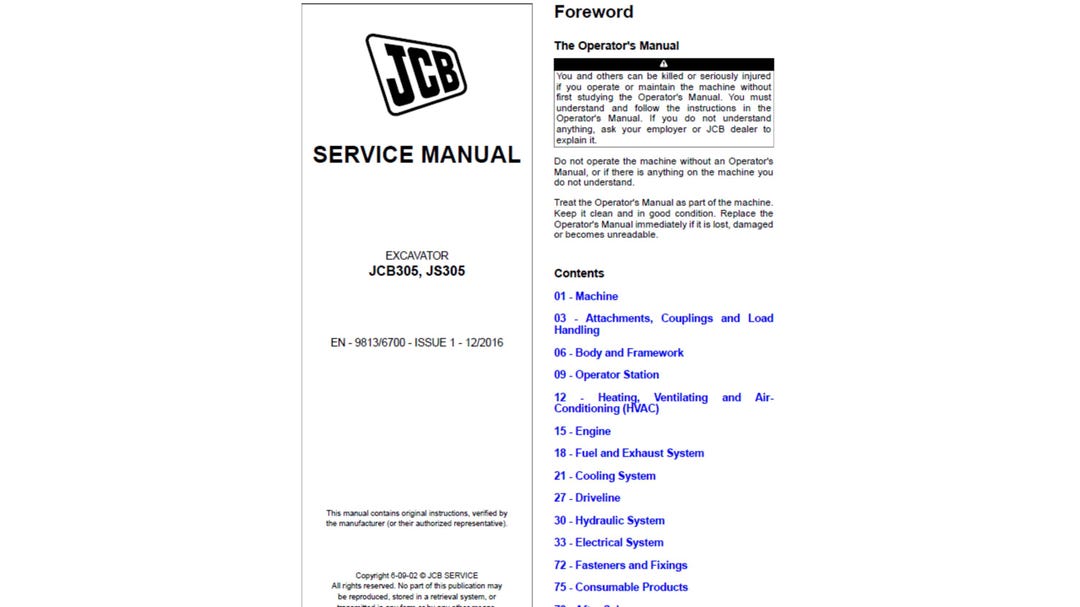 JCB JCB305 and JS305 Excavator Publication Number 9813/6700 Workshop ...